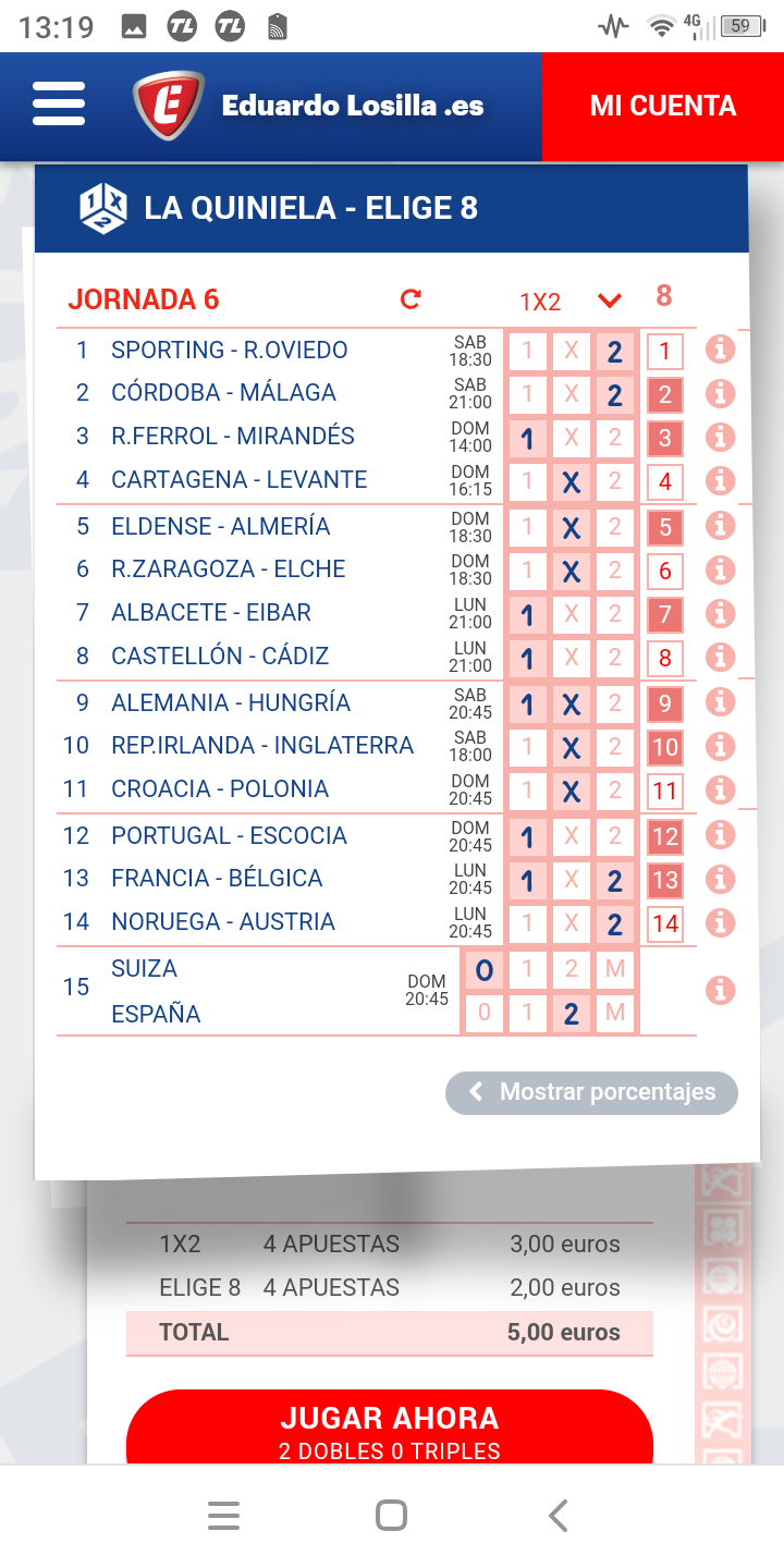 Resultados quiniela en directo - jornada 6 | Quiniela15